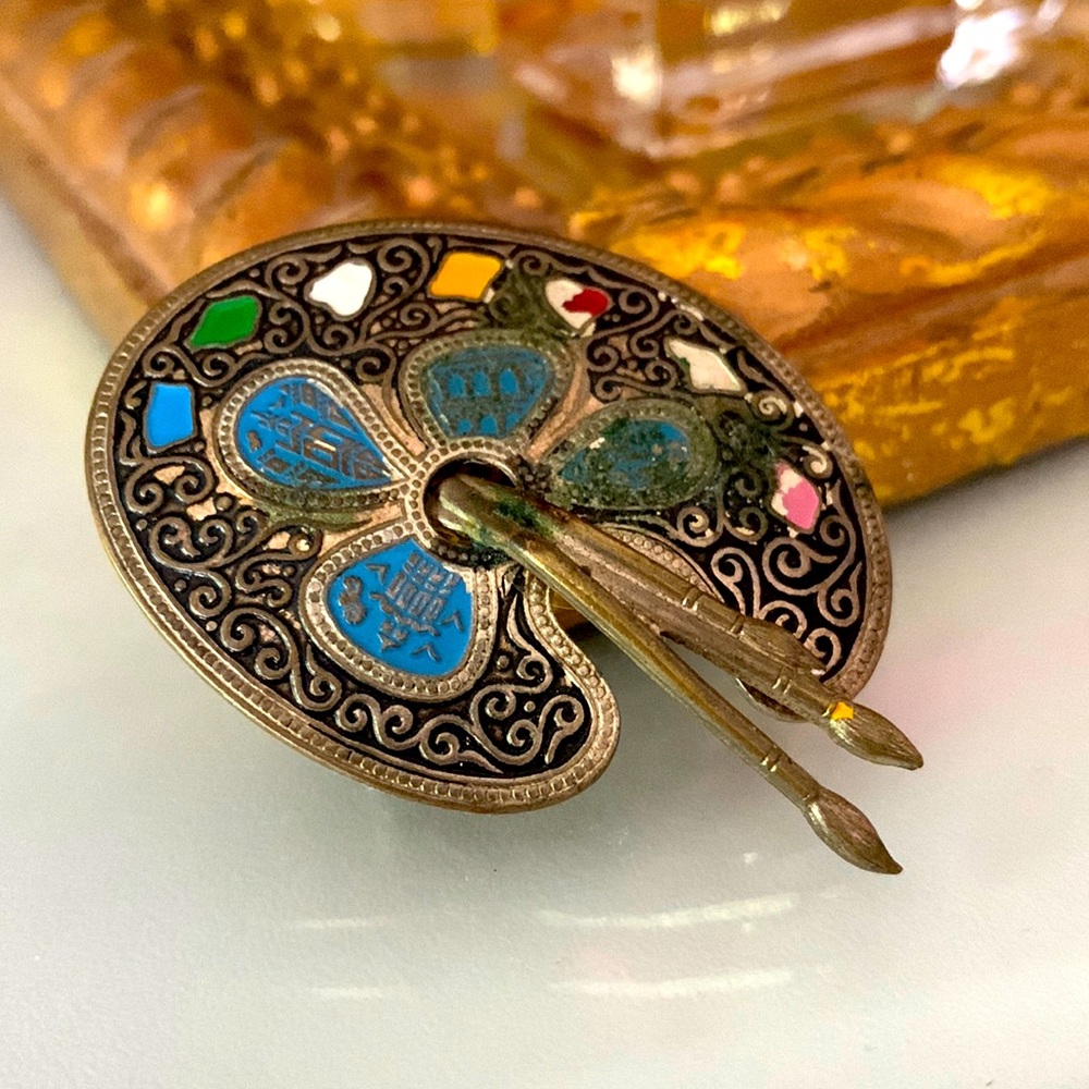 Vintage Damascene Artists Paint Palette Brooch - Gem